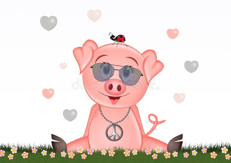 The Hippie Pig with Peace Necklace Stock Illustration - Illustration of ...