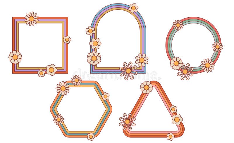 Hippie Retro Style Borders Frame. Vector Colorful Hippie Linear Banners ...