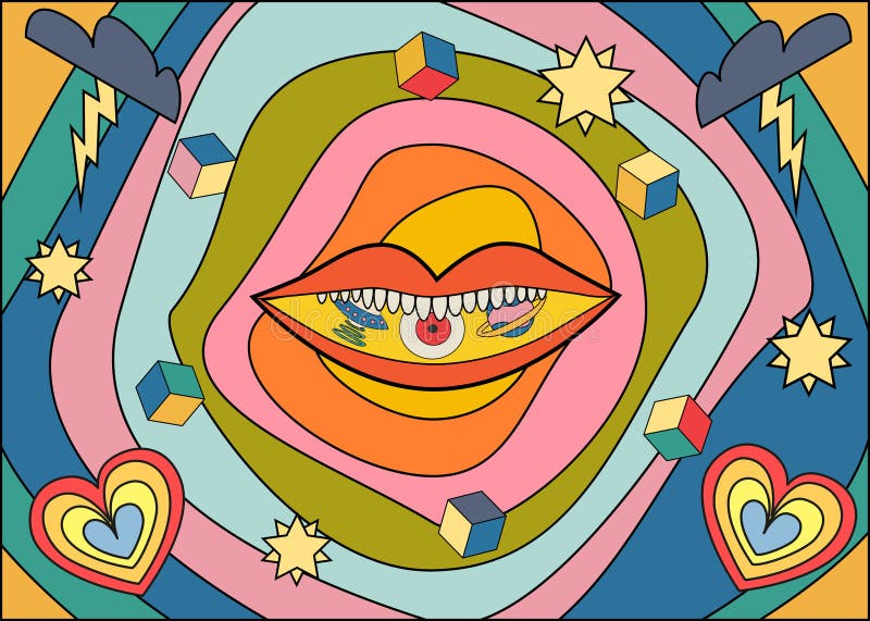 Hippie Style Background with Mouth Stock Vector - Illustration of funky ...