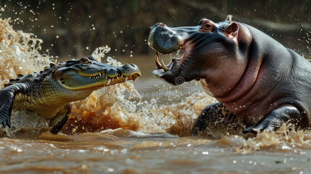 Hippo Attacks Crocodile in the River. Predators Fight Stock Image - Image of wildlife, africa ...