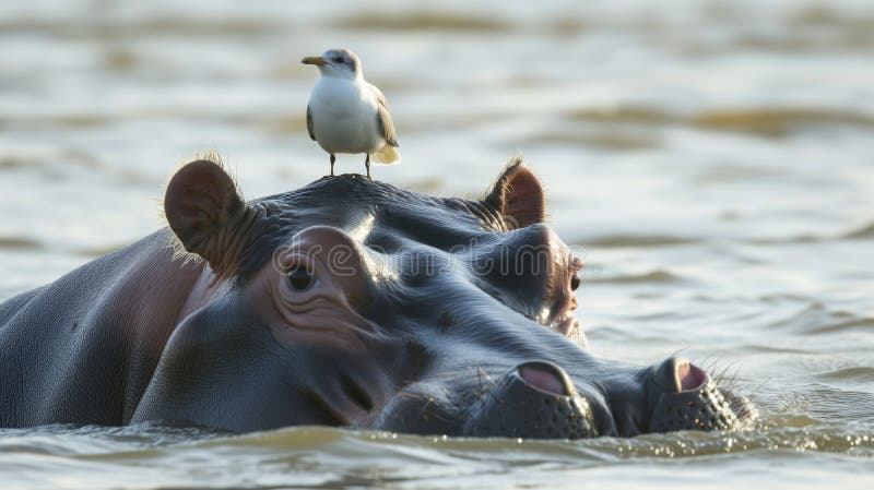 Hippo with a Bird Perched on Its Back in Water Stock Illustration ...