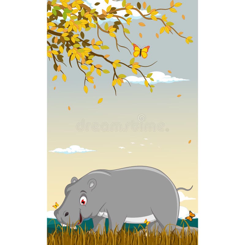 Hippo Cartoon with Landscape Background Stock Illustration ...