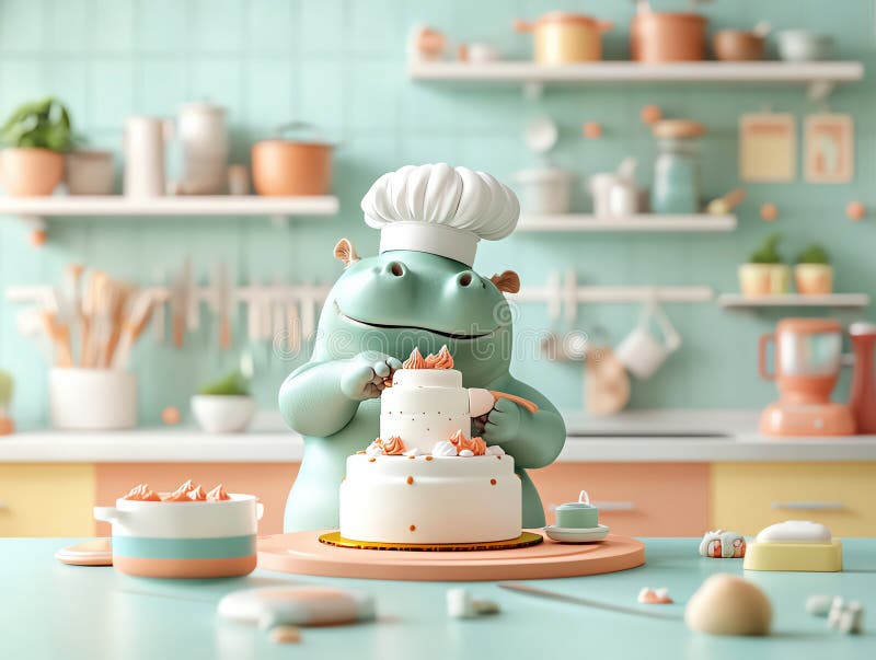 Chef Hippo is Making a Cake in a Colorful Kitchen Generative AI ...