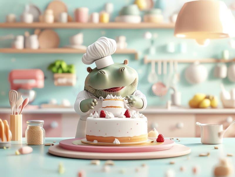 Chef Hippo is Making a Cake in a Colorful Kitchen Generative AI ...