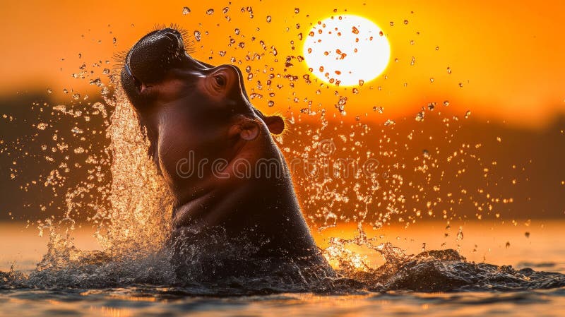Hippo Emerging from Water at Sunset with Splash Stock Image - Image of ...
