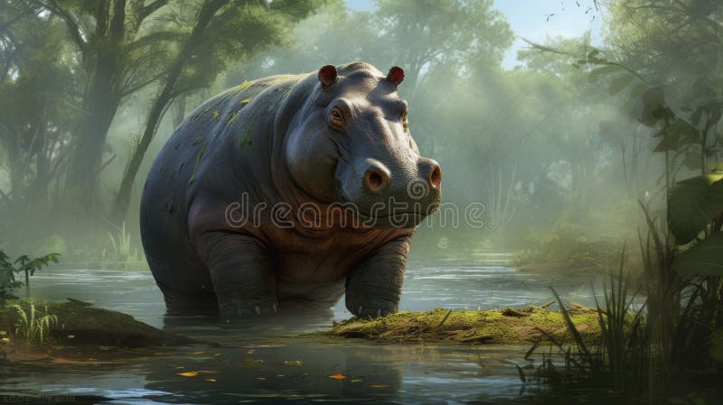 Hippo in the Forest: Concept Art with Hyper-realistic Pop Style Stock ...