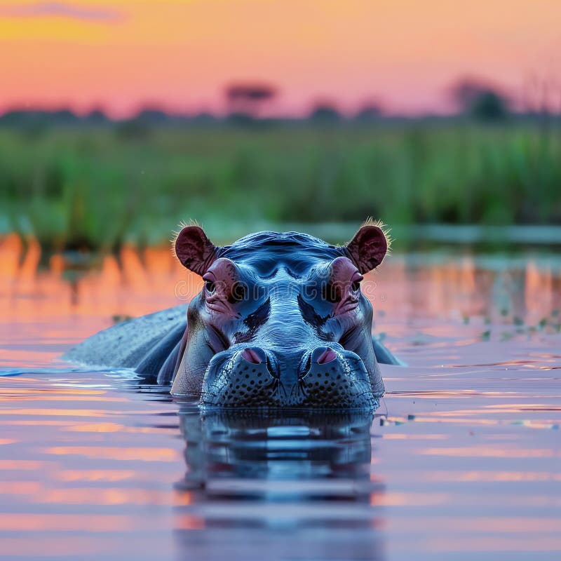 Hippo in a Lake at Sunset, AI Generated Stock Photo - Image of wild ...
