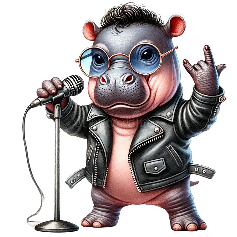 Hippo in a Leather Jacket Singing into a Microphone, White Isolate ...