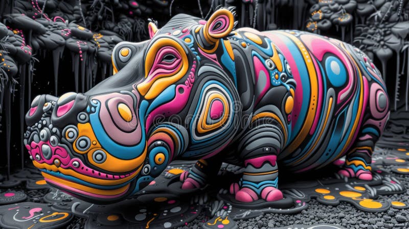 A Hippo is Painted in a Colorful Pattern on the Ground, AI Stock Image ...