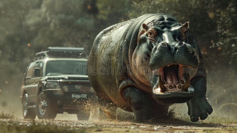 A Hippo Running in Front of a Car. Suitable for Wildlife and ...