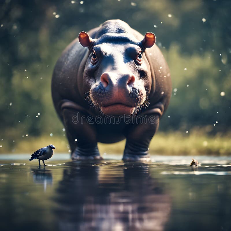 A Hippoâ€™s Surprise: Bird Perched on Its Snout Stock Image - Image of ...