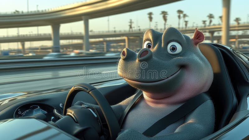 A Hippo Sits Behind the Wheel of a Race Car and Competes in a ...