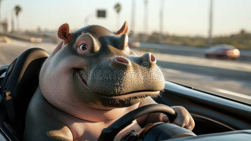 A Hippo Sits Behind the Wheel of a Race Car and Competes in a ...