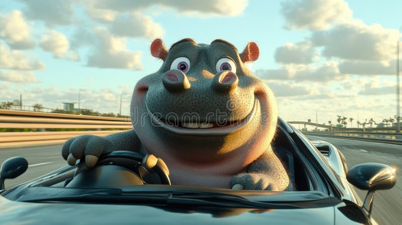 A Hippo Sits Behind the Wheel of a Race Car and Competes in a ...