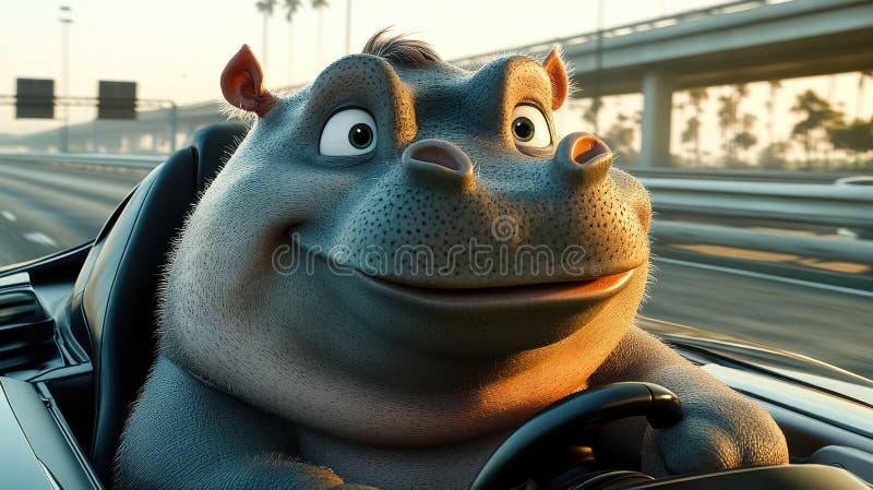 A Hippo Sits Behind the Wheel of a Race Car and Competes in a ...