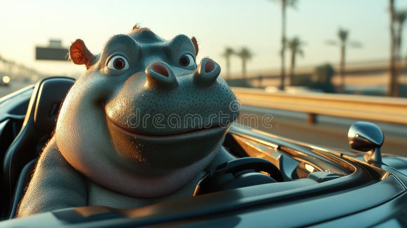 A Hippo Sits Behind the Wheel of a Race Car and Competes in a ...