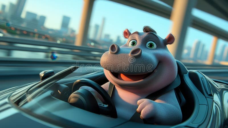 A Hippo Sits Behind the Wheel of a Race Car and Competes in a ...