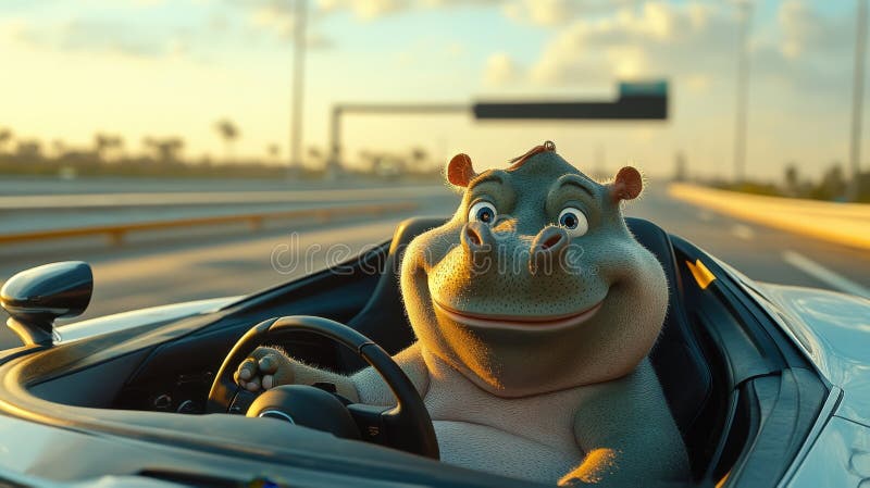 A Hippo Sits Behind the Wheel of a Race Car and Competes in a ...