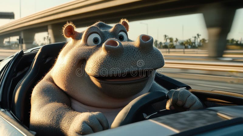 A Hippo Sits Behind the Wheel of a Race Car and Competes in a ...