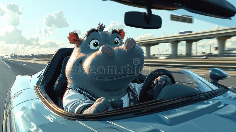 A Hippo Sits Behind the Wheel of a Race Car and Competes in a ...
