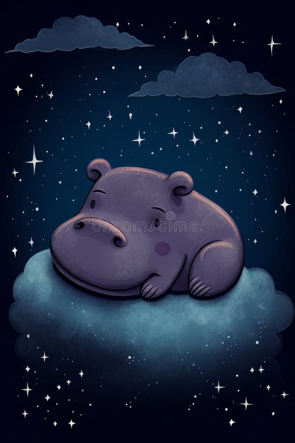 Hippo Sleeping on a Cloud on a Starry Night Stock Illustration ...