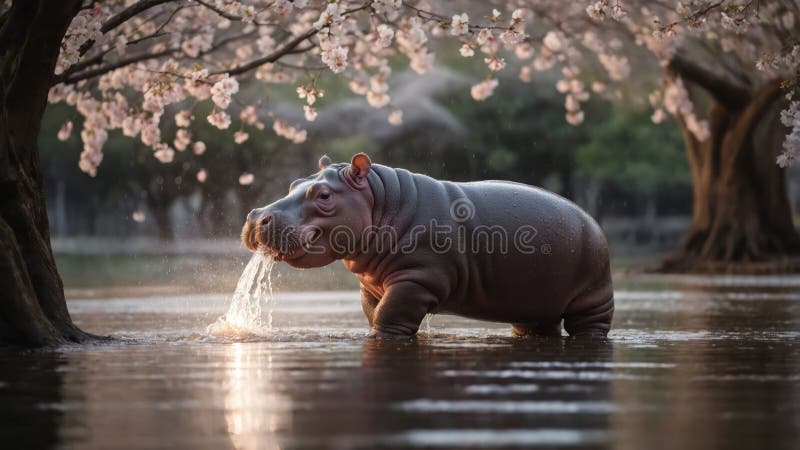 A Hippo Stands in Water Surrounded by Cherry Blossom Trees, Creating a ...
