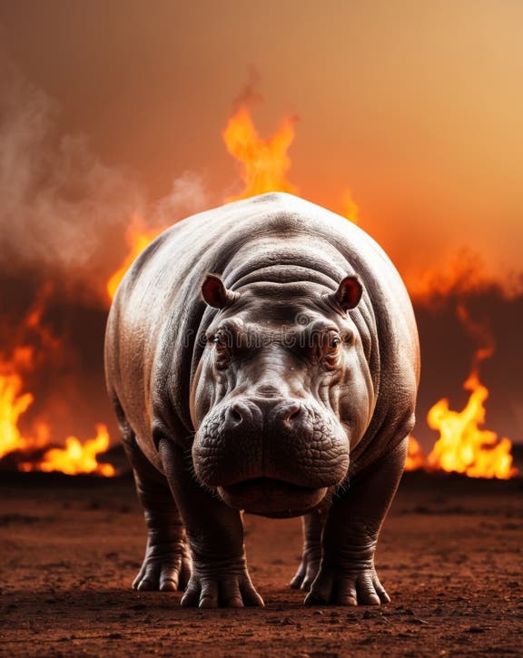 Hippo Surrounded by Flames in a Dramatic Fire Landscape at Dusk. Stock ...