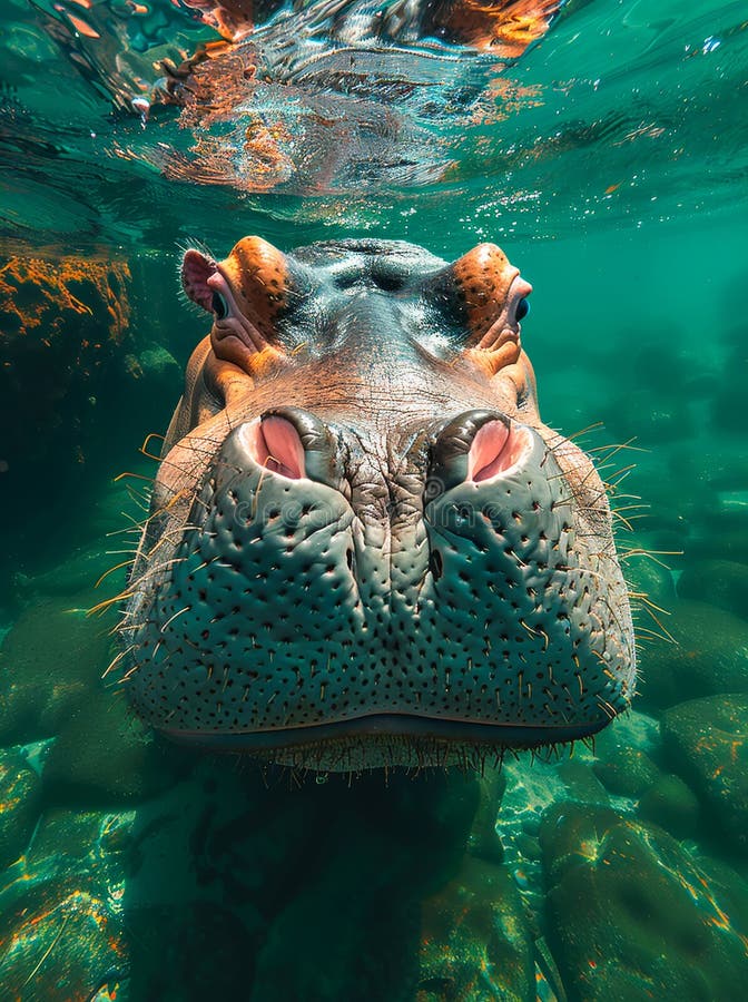A Hippo is Swimming in the Water with Its Head Sticking Out Stock Image ...