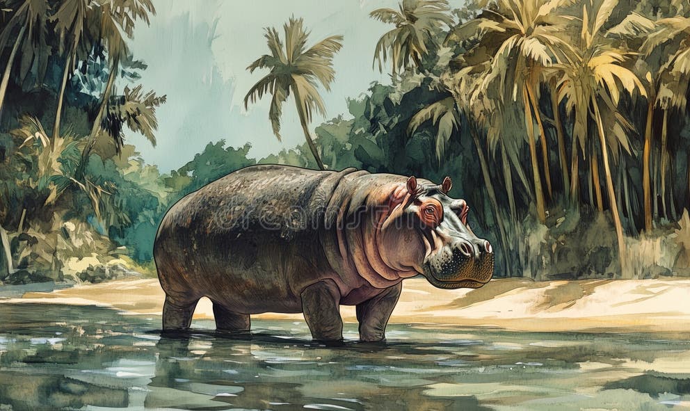 Hippo in Tropical River Setting Surrounded by Lush Palm Trees and ...