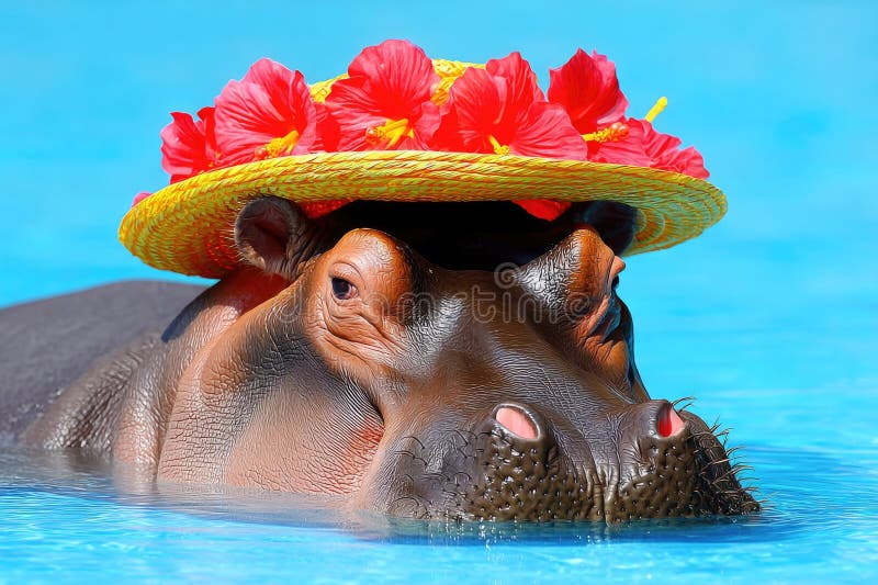 Hippo Wearing Flower Hat in Blue Water Stock Image - Image of cute ...