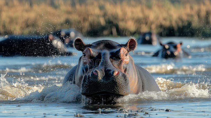 Hippopotamus Emerging from Water in African River Stock Image - Image ...