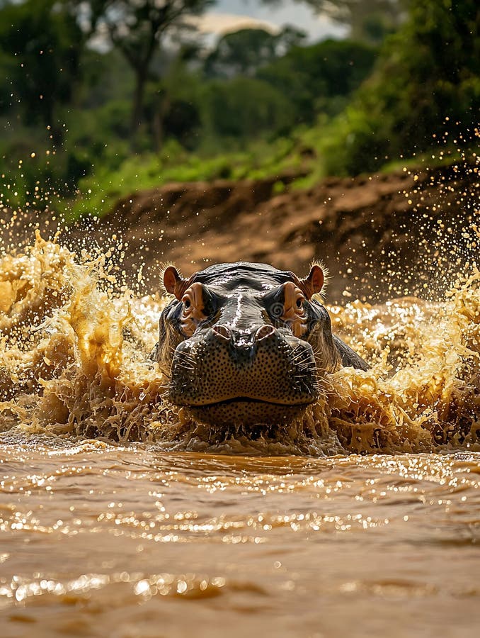 Hippopotamus Emerging from Water Splashing and Creating a Dramatic ...