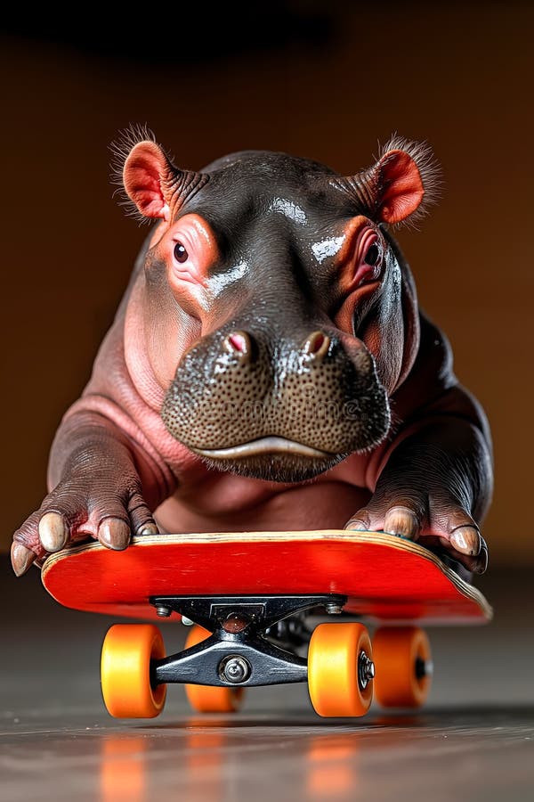 A Hippo is Sitting on a Skateboard with Its Paws on it Stock Image ...
