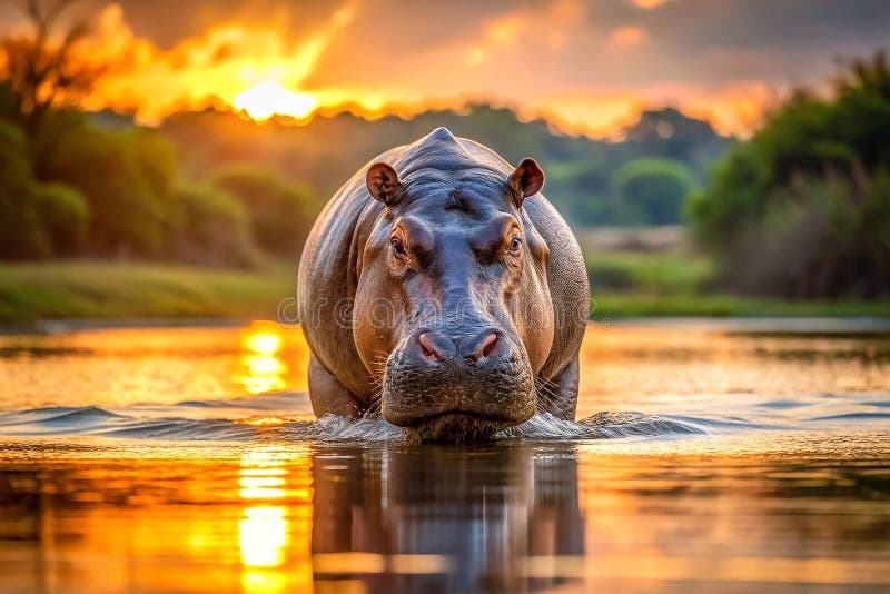 Hippopotamus in Sunset River, African Wildlife Stock Illustration ...