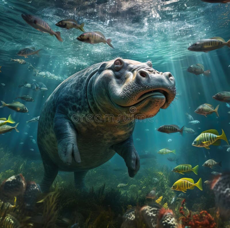 Hippopotamus Swimming with Small Fish Stock Illustration - Illustration ...
