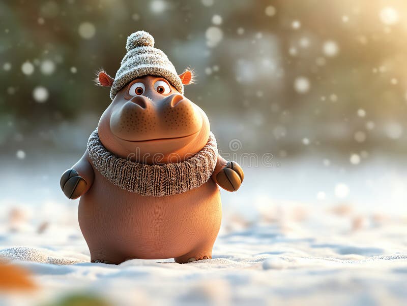 Hippopotamus Wearing a Small Hat and Scarf, Standing in the Snow ...