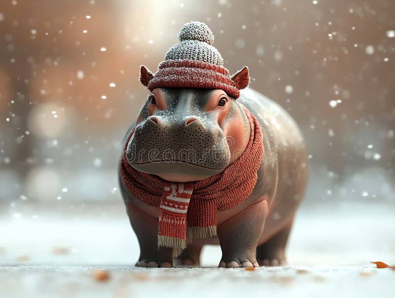 Hippopotamus Wearing a Small Hat and Scarf, Standing in the Snow ...