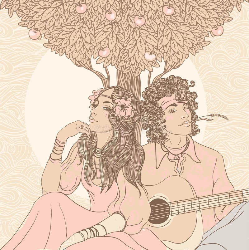 Hippy Couple Under Apple Tree Stock Vector - Illustration of hair ...