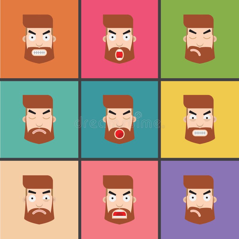 Hipster Angry Face Expression Set Stock Vector - Illustration of young ...