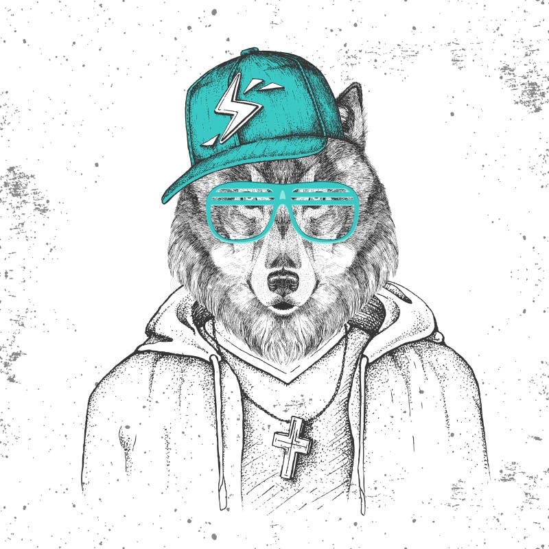 Hipster Animal Wolf Dressed in Cap Like Rapper. Hand Drawing Muzzle of ...