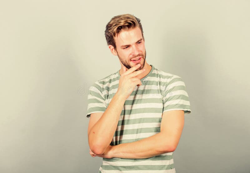 Hipster Bearded Face Not Sure In Something. Thoughtful Man On Blue ...