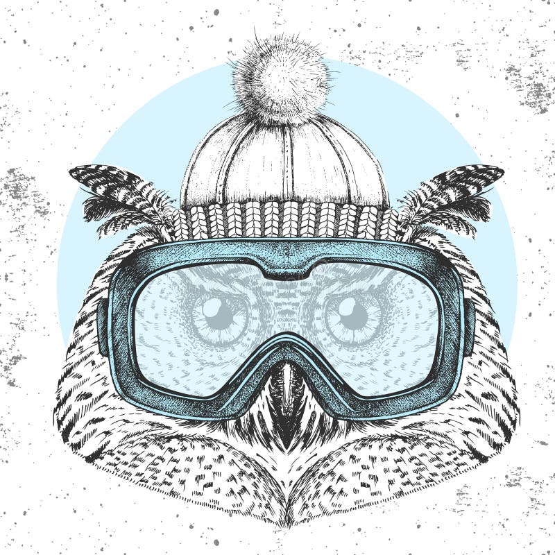 Hipster Bird Owl in Winter Hat and Snowboard Goggles. Hand Drawing ...