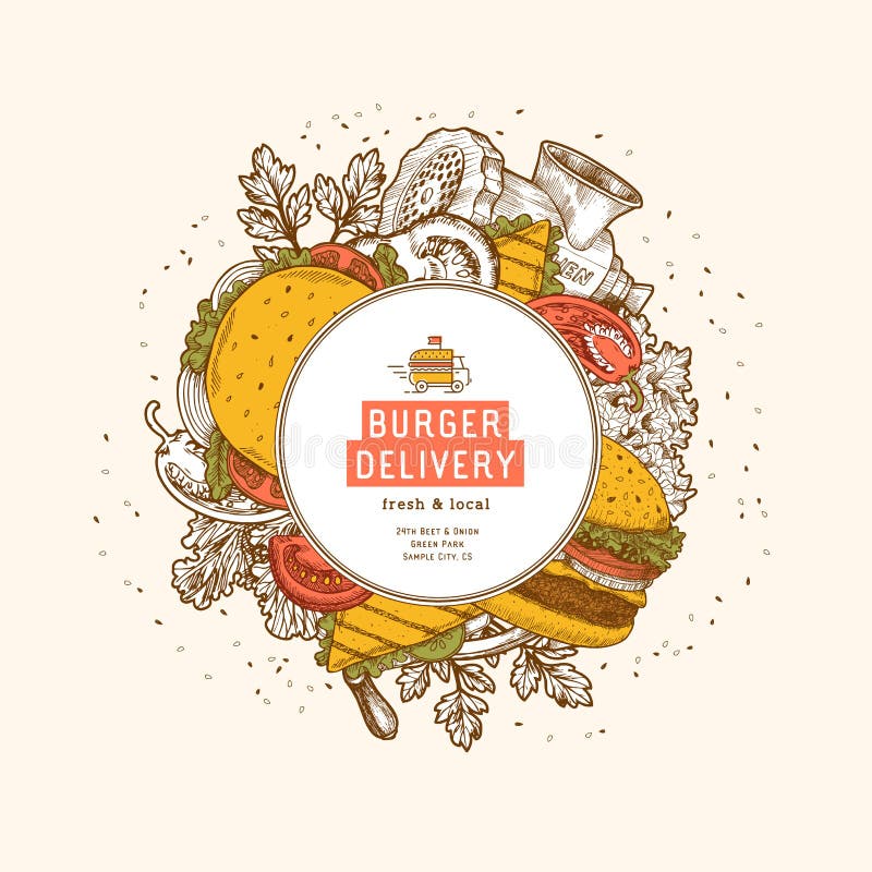 Hipster Burger Round Design Template. Snack Collection. Menu Template ...