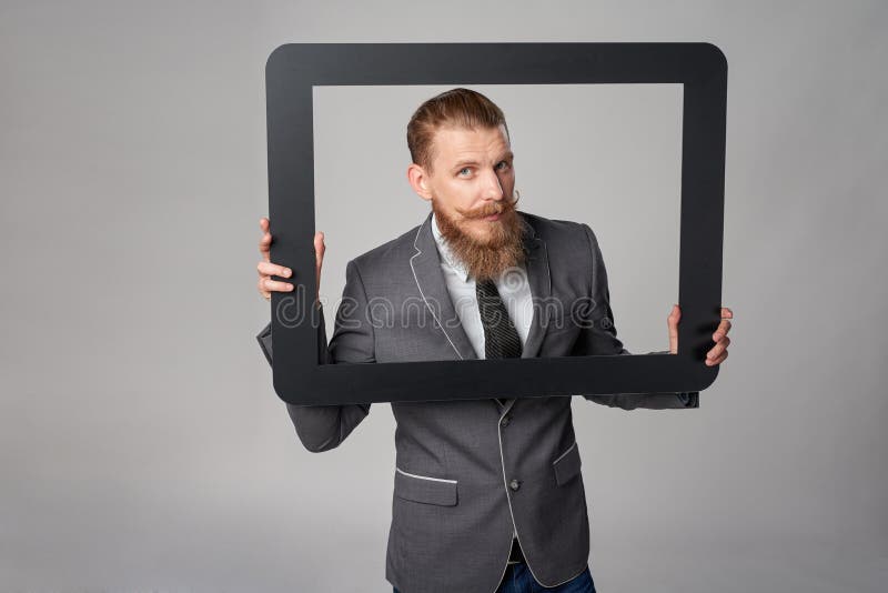 Hipster Business Man Peeping Out of Frame Stock Image - Image of person ...