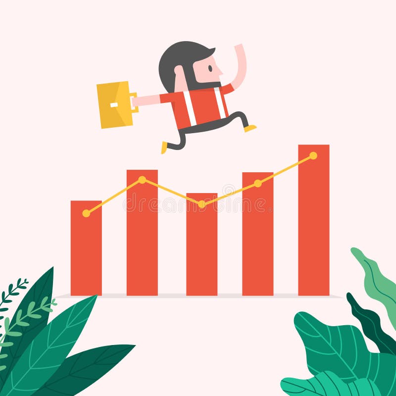 Businessman Jump Spring Across the Growing Bar Chart. Growth for ... Businessman Jump Spring Across the Growing Bar Chart. Growth for ...