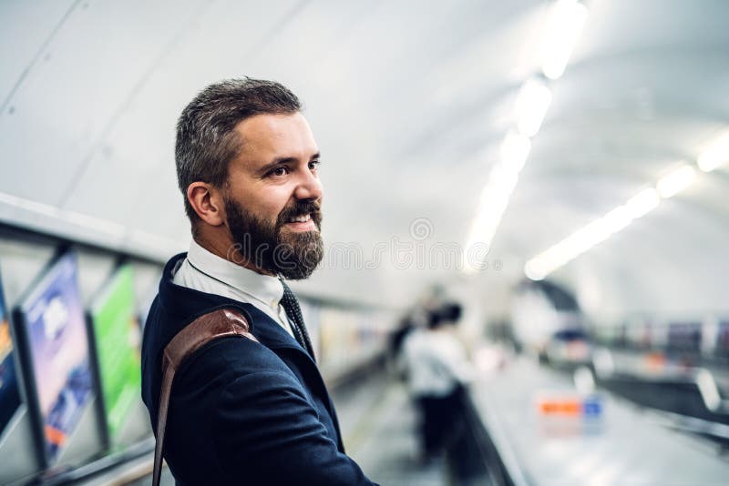 Hipster Businessman Using Escalator in Subway, Travelling To Work ...