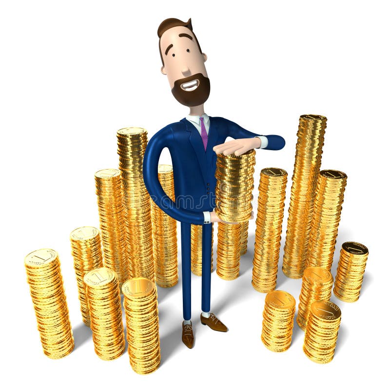 Hipster Cartoon Businessman Holding Money Golden Coins 3d