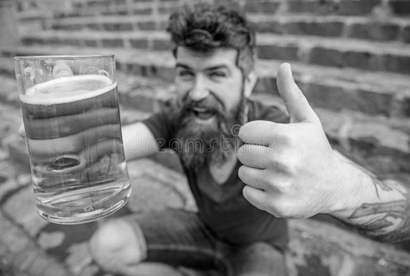 Hipster on Cheerful Face Drinks Beer. Draught Beer Concept. Guy Having ...