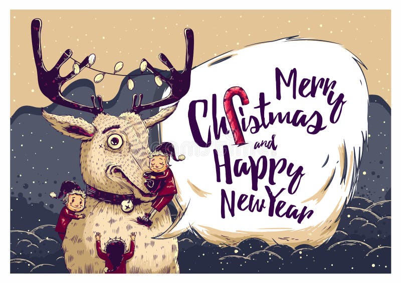 Hipster Christmas Card or Invitation Flyer with Deer and Elves Stock ...