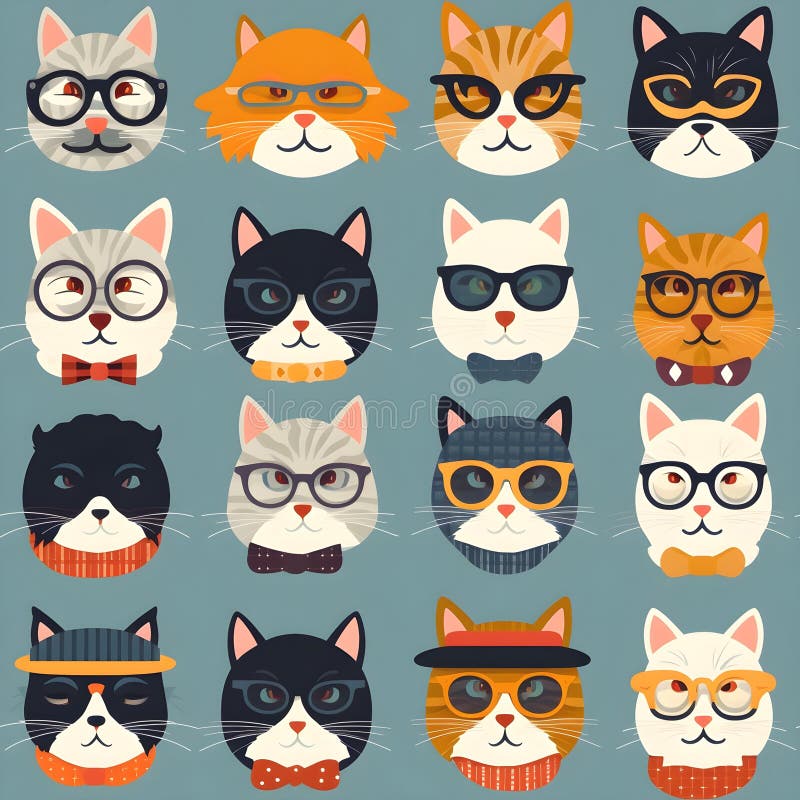 Hipster Cute Cats with Seamless Pattern Stock Illustration ...
